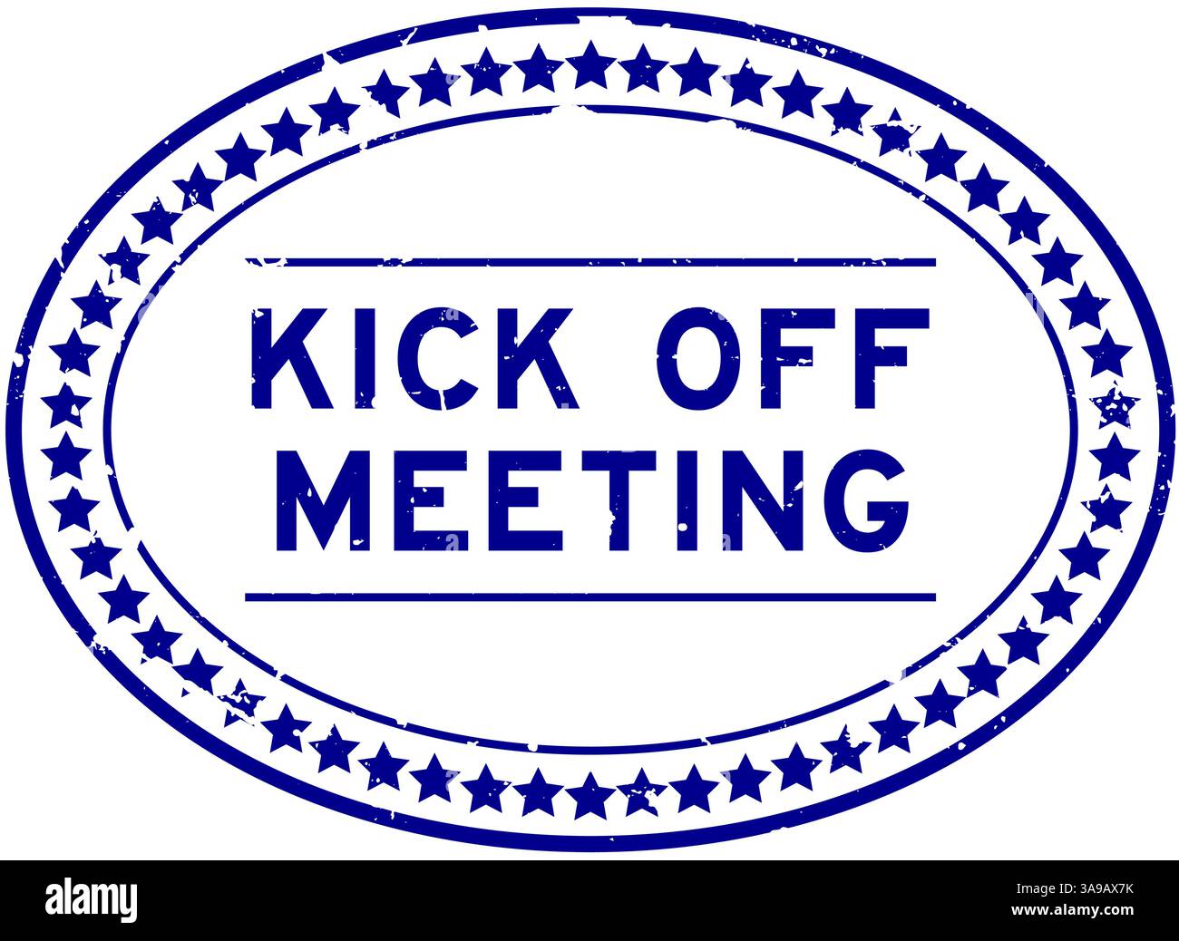 Grunge blue kick off meeting word oval seal stamp on white background ...