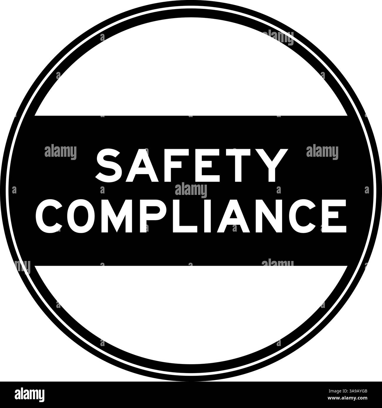 Black color round seal sticker in word safety compliance on white ...