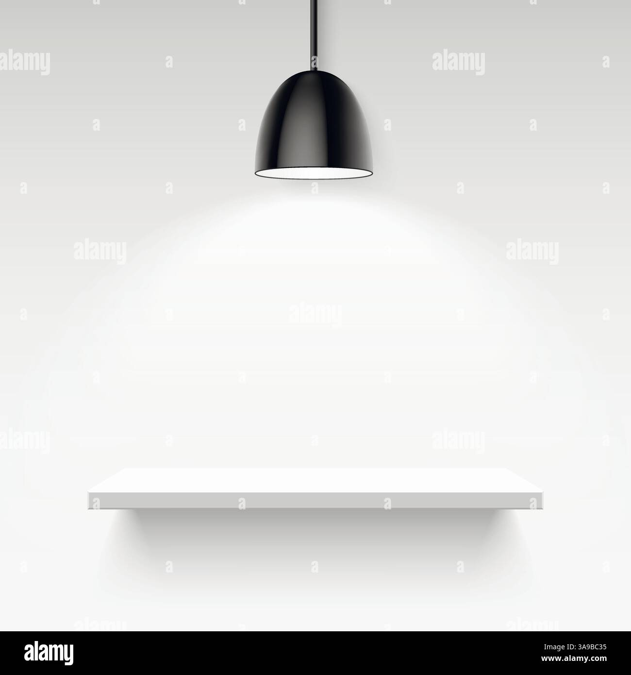 Black ceiling lamp and empty white shelf on a light gray background ...