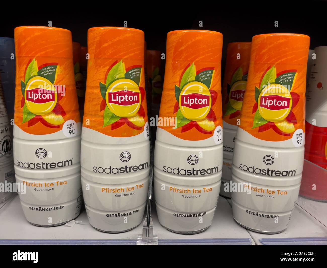 Germany Berlin March 29, 2025. Four bottles of Lipton SodaStream. Each ...