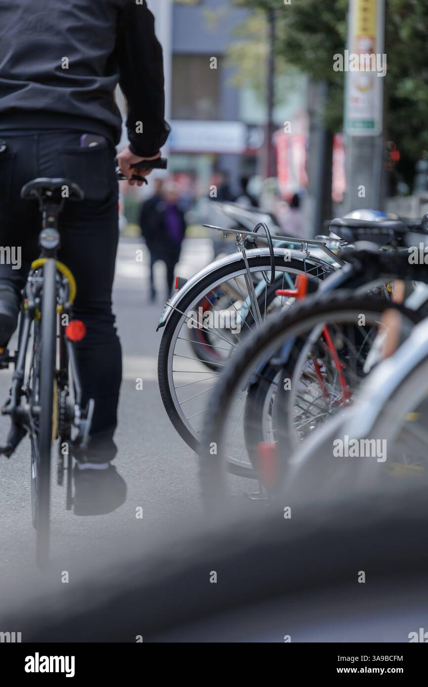 A cyclist is riding along side a row of parked bicycles on a back ...