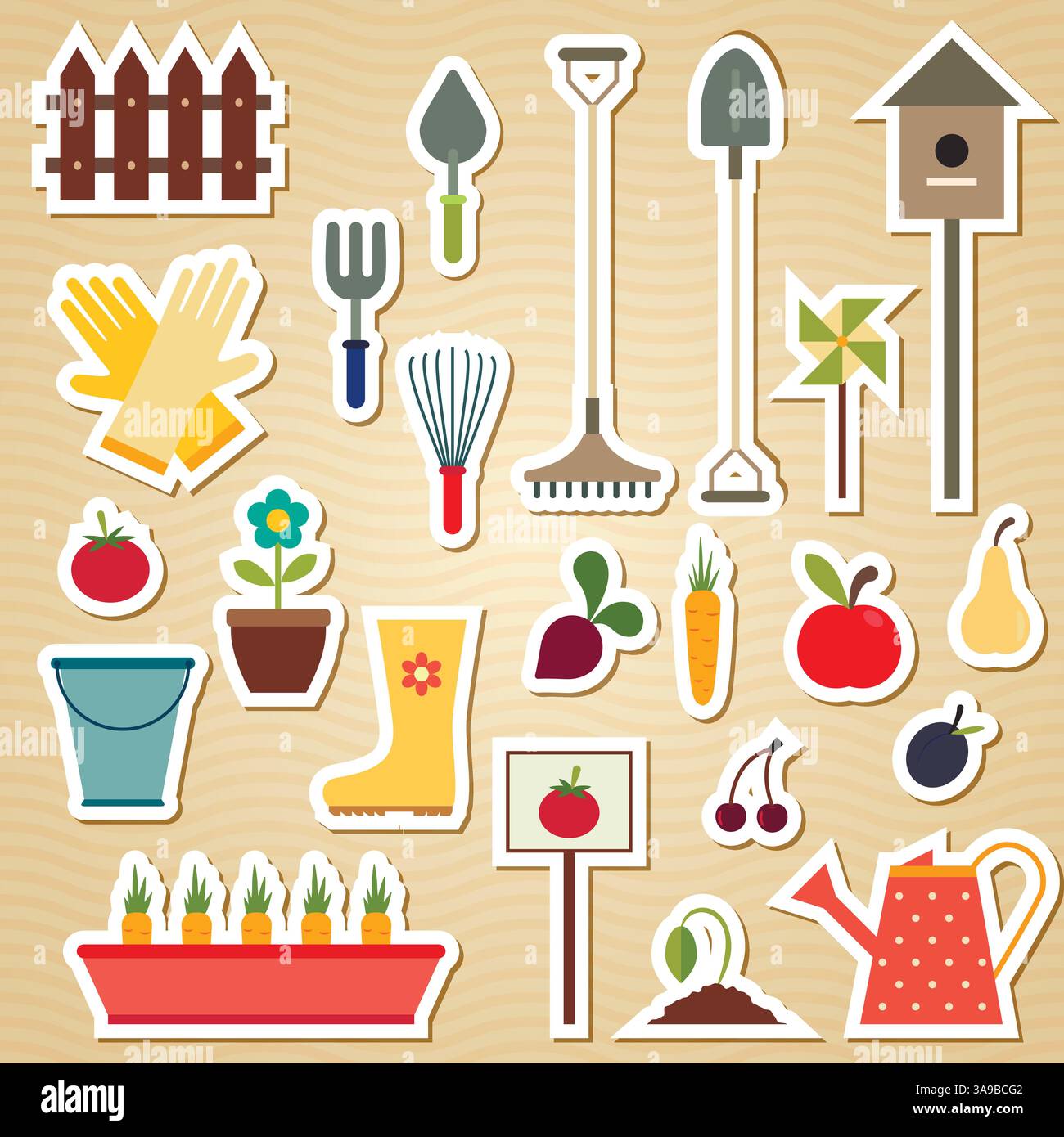 Garden and gardening tools icon set on a light wavy background. Vector ...
