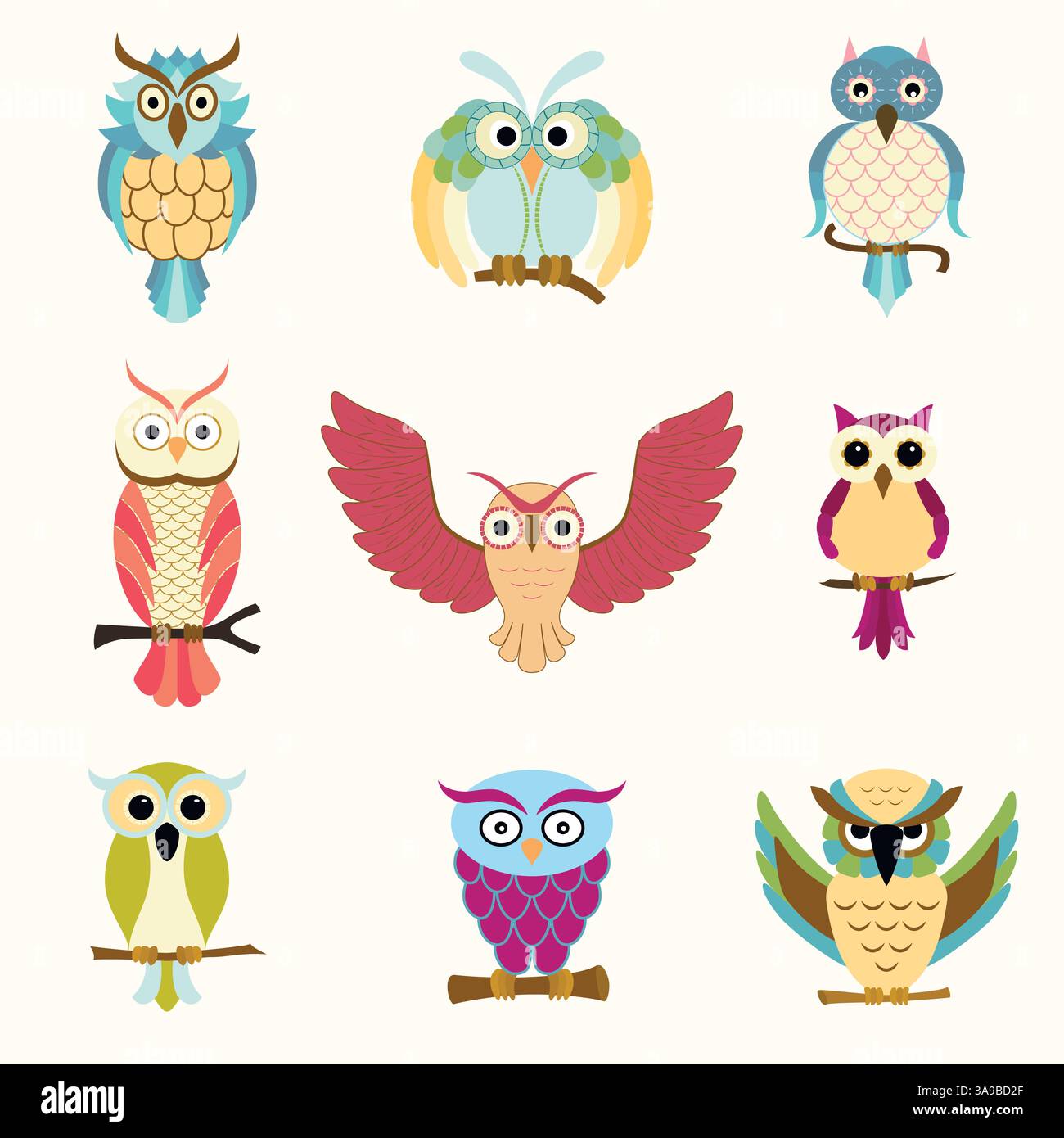 Set of nine cartoon colorful owls. Vector illustration Stock Vector ...