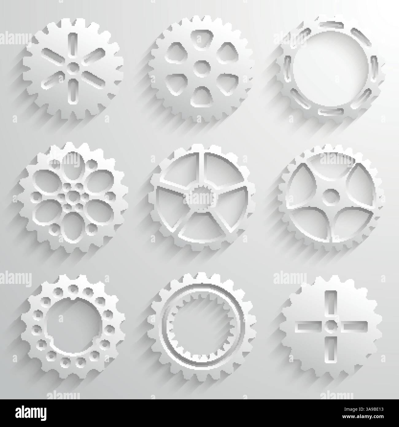 Gear wheels icon set. Nine 3d gears on a light gray background. Vector ...