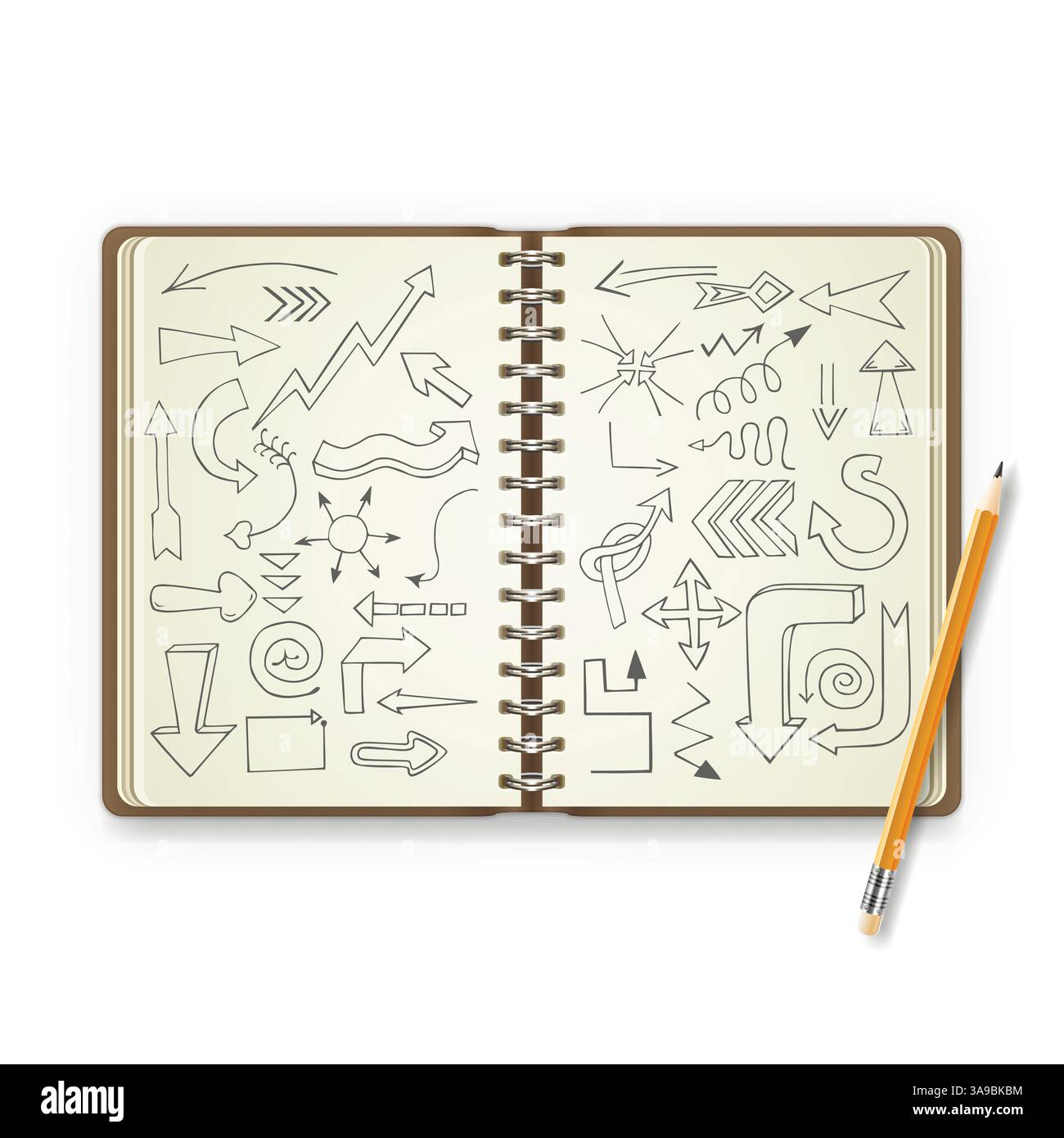 Pencil and open notebook with painted arrows. Vector illustration Stock ...
