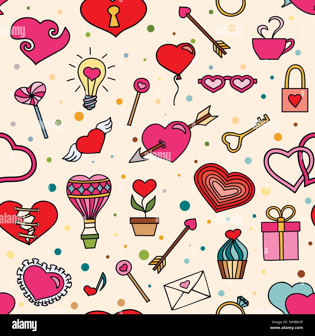 Seamless pattern for valentines day with hand drawn hearts and romantic ...