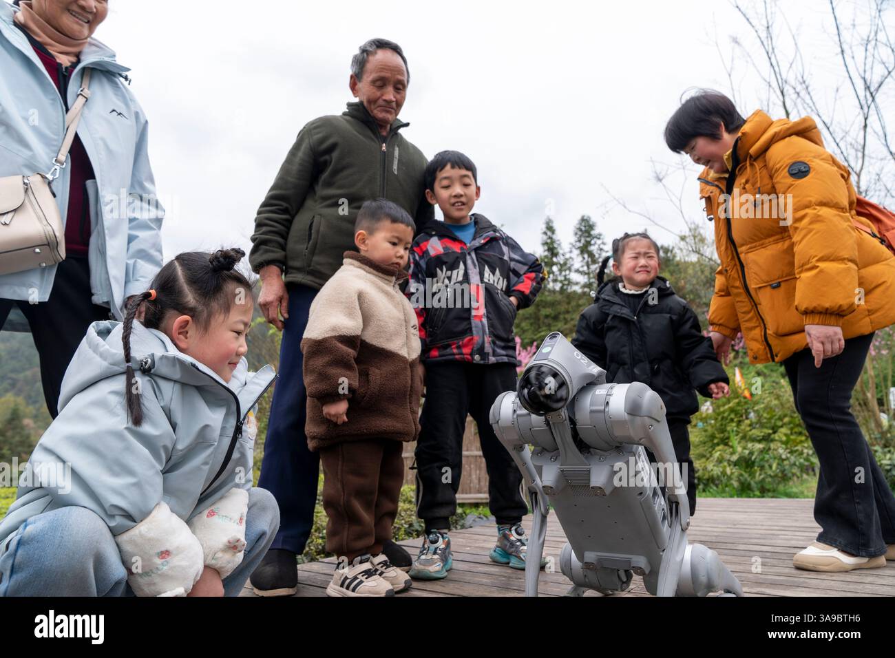 Visitors visit the G02 bionic four-legged transport robot dog at ...