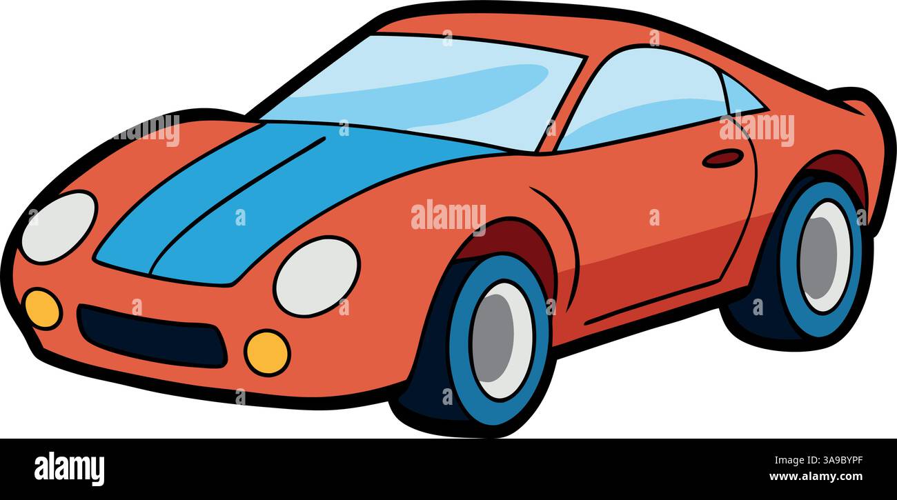 Fast red sports car with blue racing stripes in cartoon-style ...