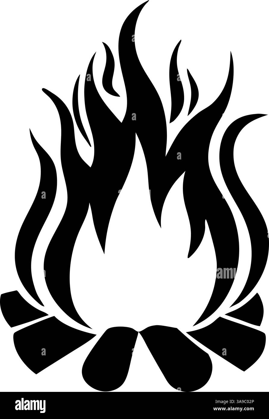 Campfire with tall flames in bold black and white silhouette style ...