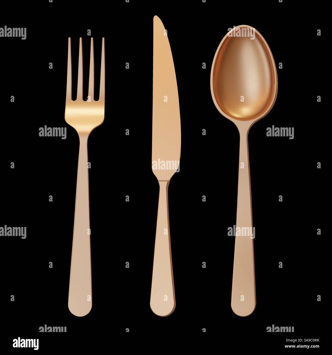 3d realistic gold metal fork, spoon, table knife isolated on black background. Vector ...