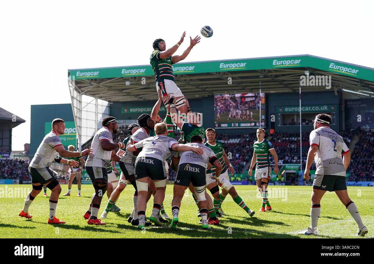 Leicester Tigers' Harry Wells wins a line out during the Gallagher ...