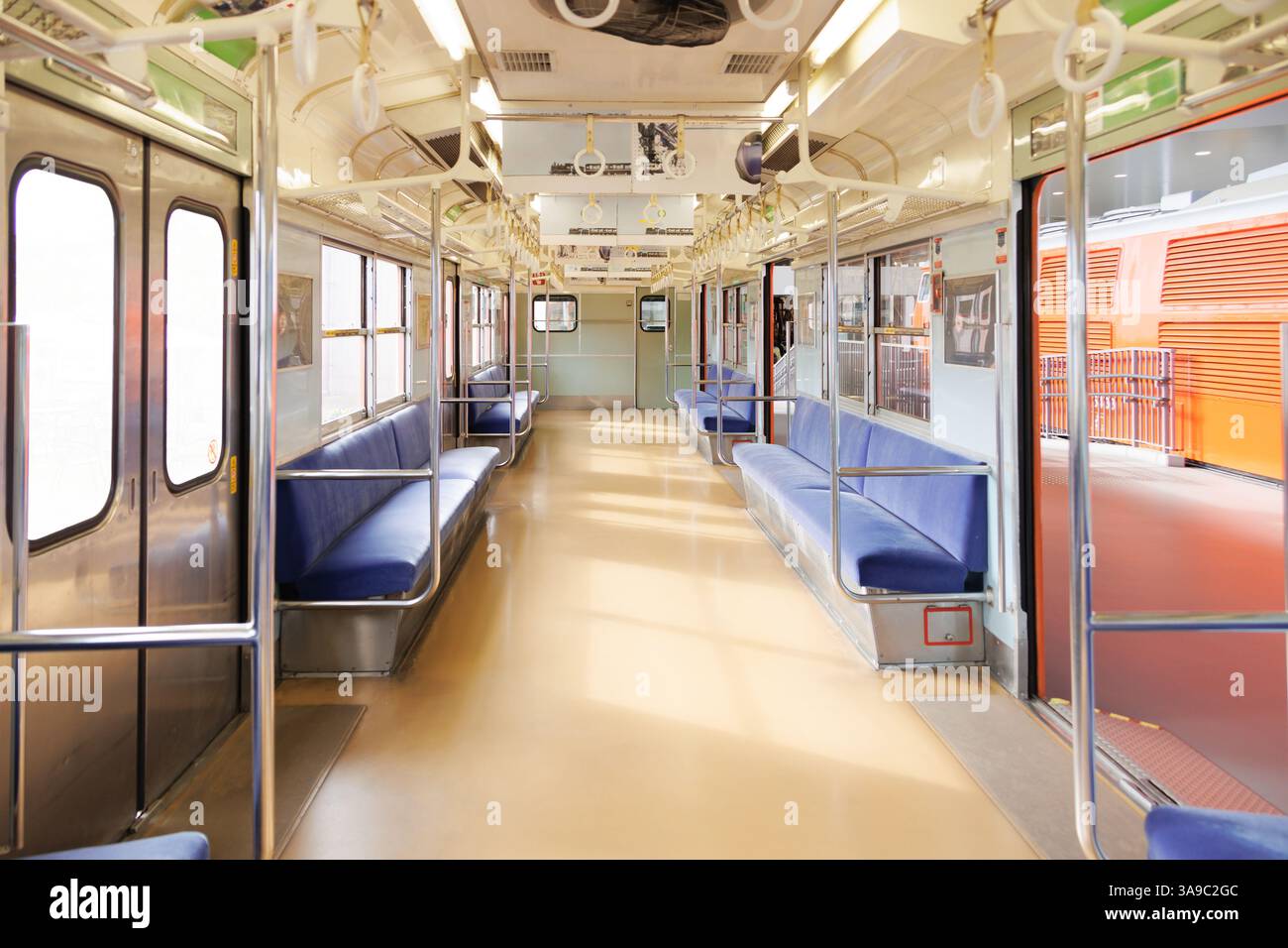 Underground local train passenger cabin interior blank nobody in Japan ...
