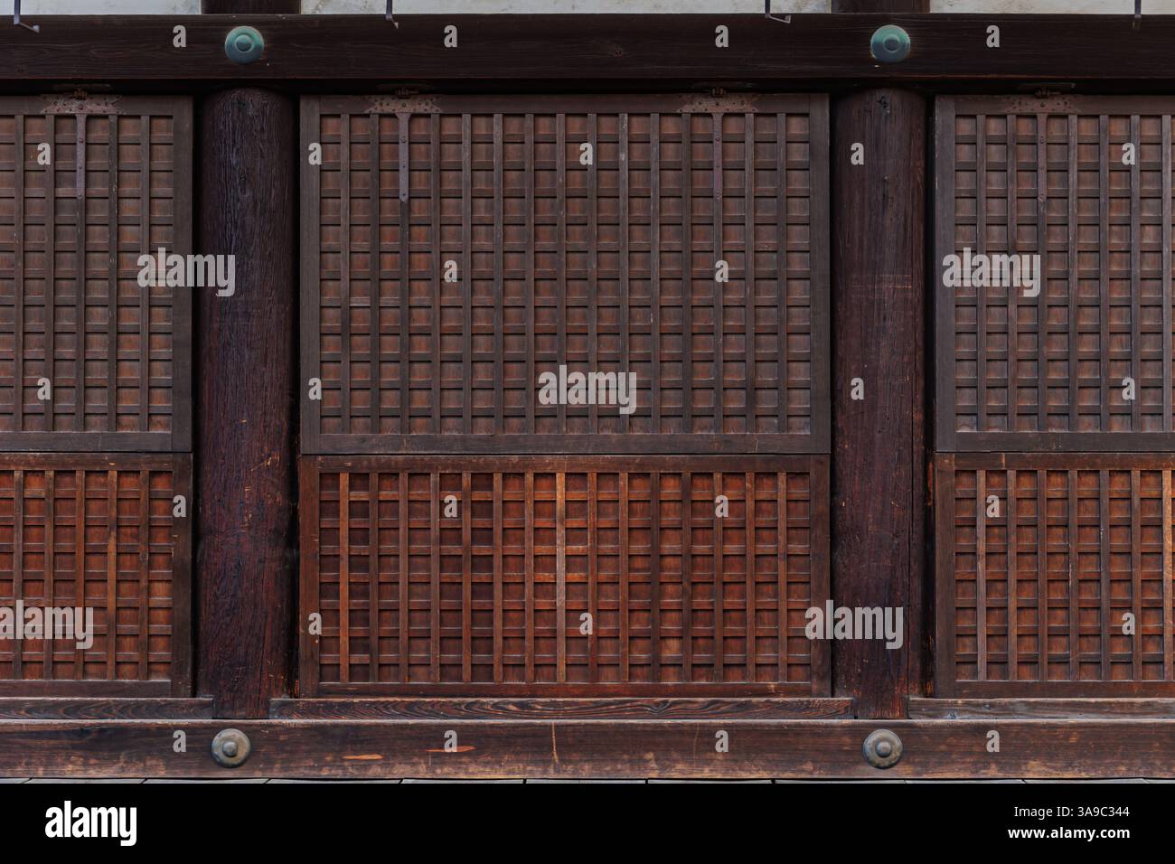 Japanese wooden shrine temple wall panel grid style old ancient aged ...
