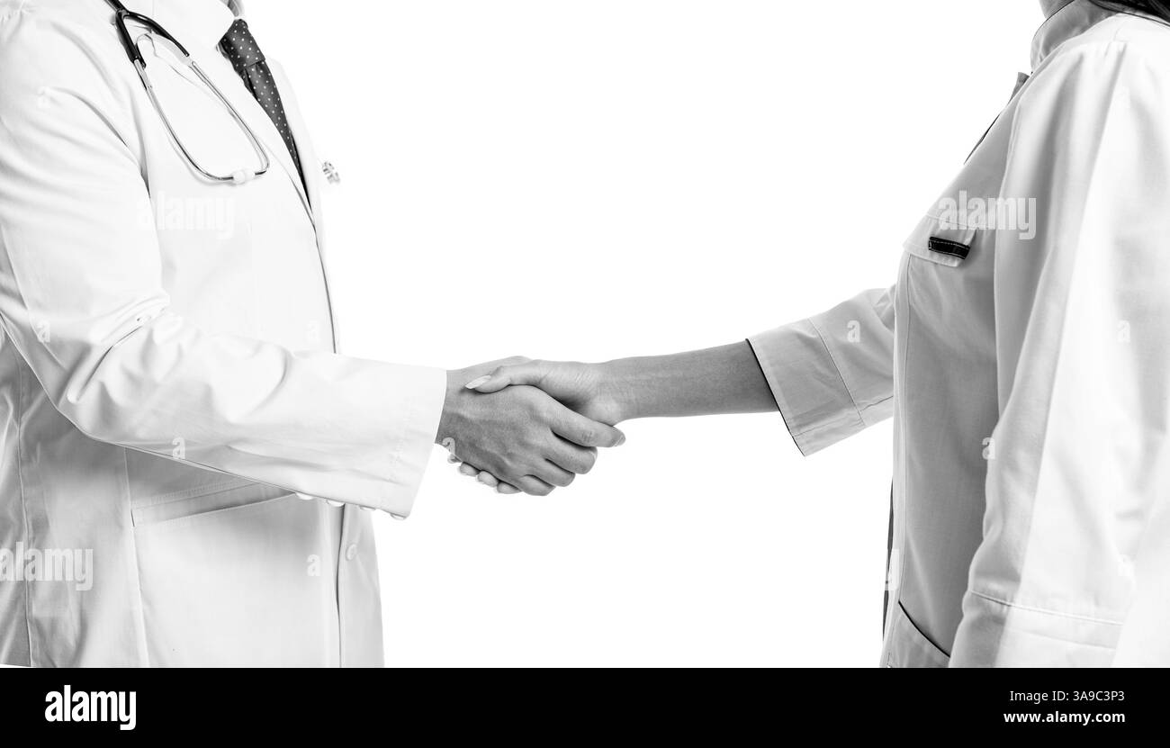 doctor handshake with nurse. two doctor shaking hands isolated on white ...