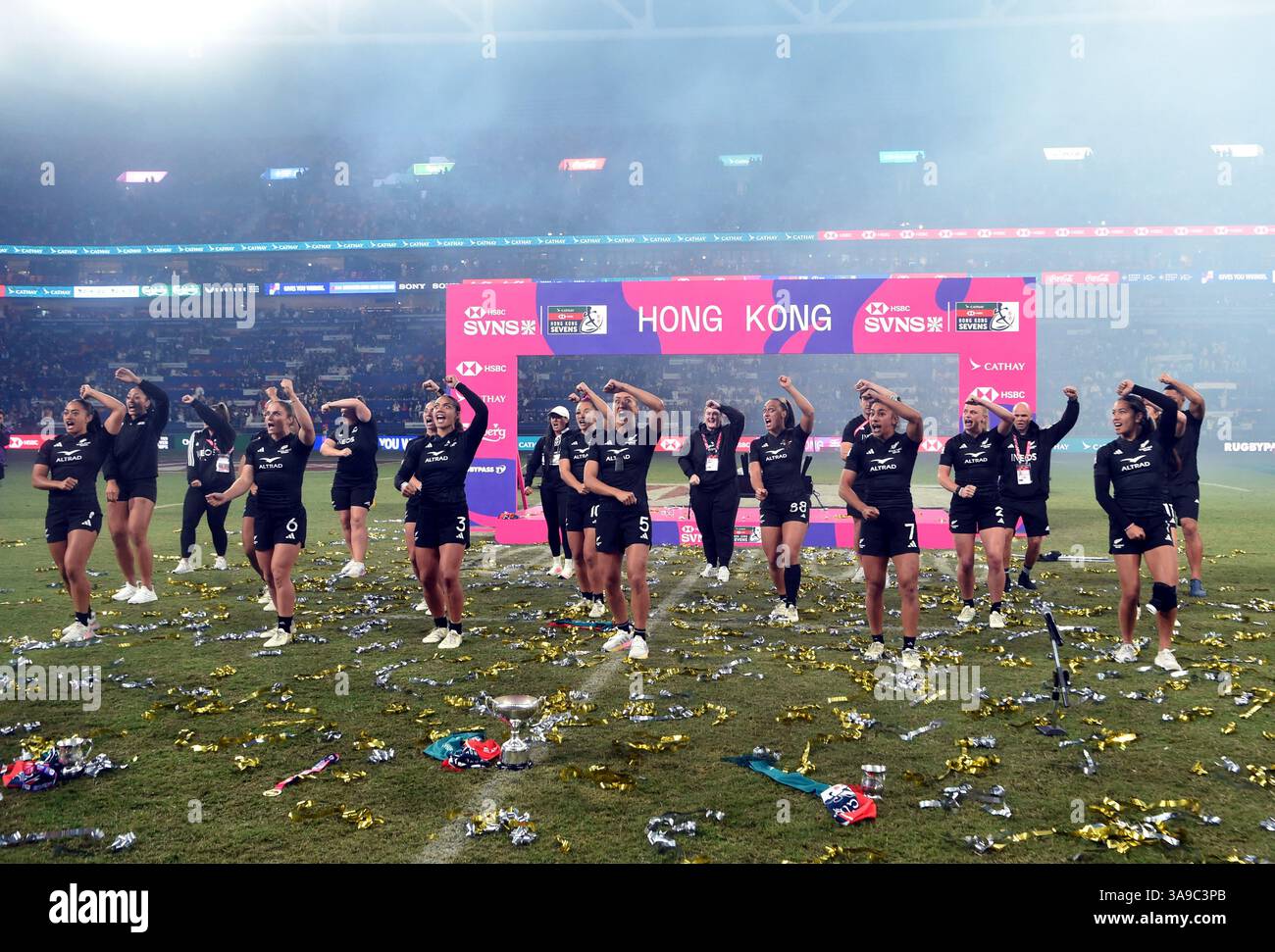 Hong Kong. 30th Mar, 2025. Team New Zealand celebrate during the ...