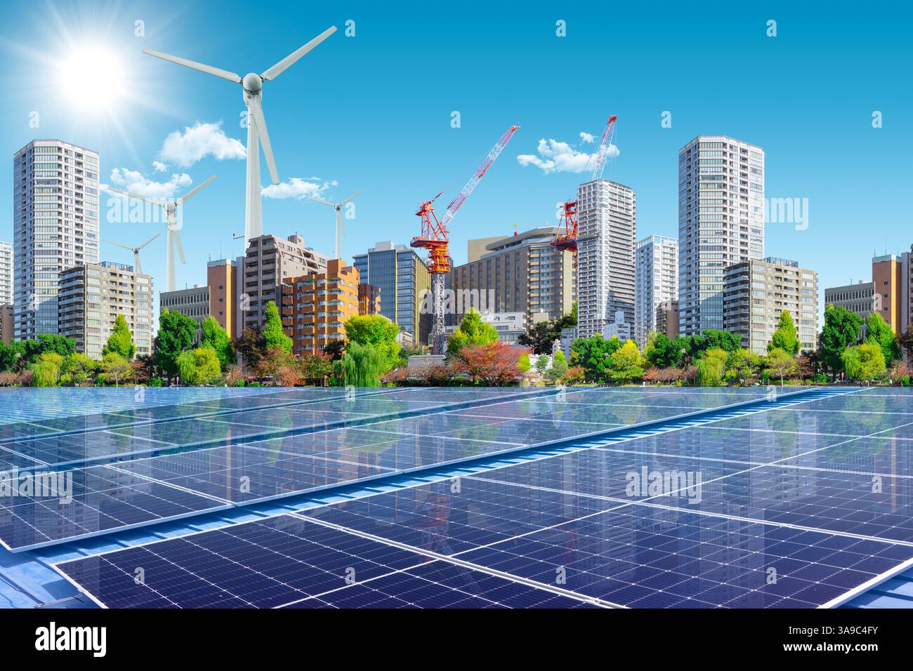 Energy for Green City Concept. Wind Turbine and Solar Panel on Modern ...