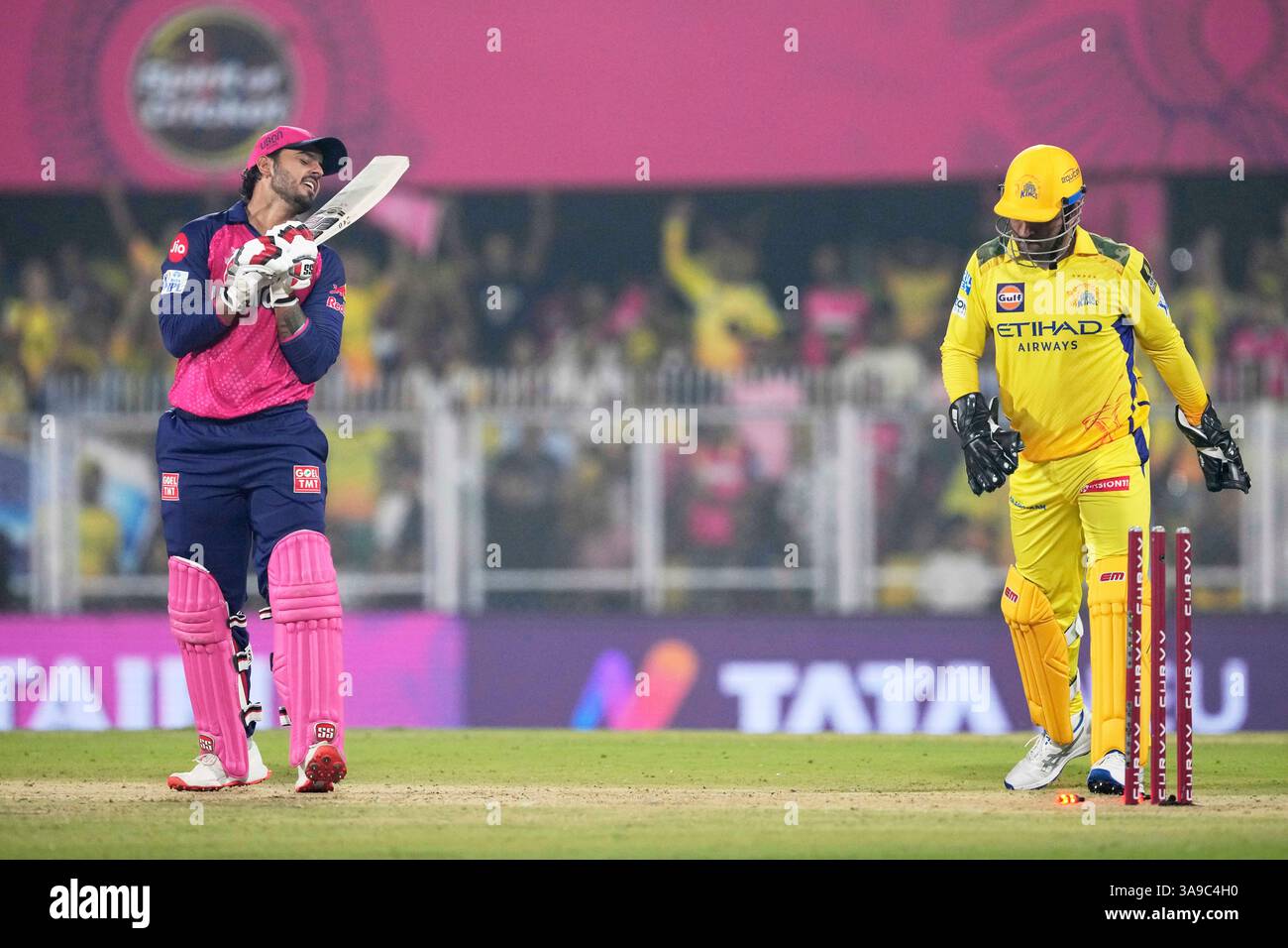 Rajasthan Royals' Nitish Rana, left, reacts after being stumped out by Chennai Super Kings ...
