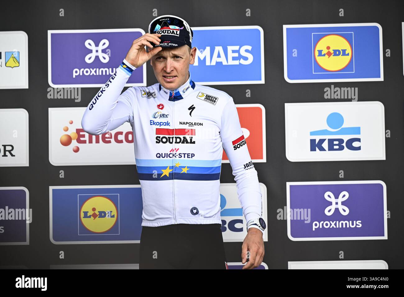 Belgian Tim Merlier of Soudal Quick-Step pictured on the podium after ...