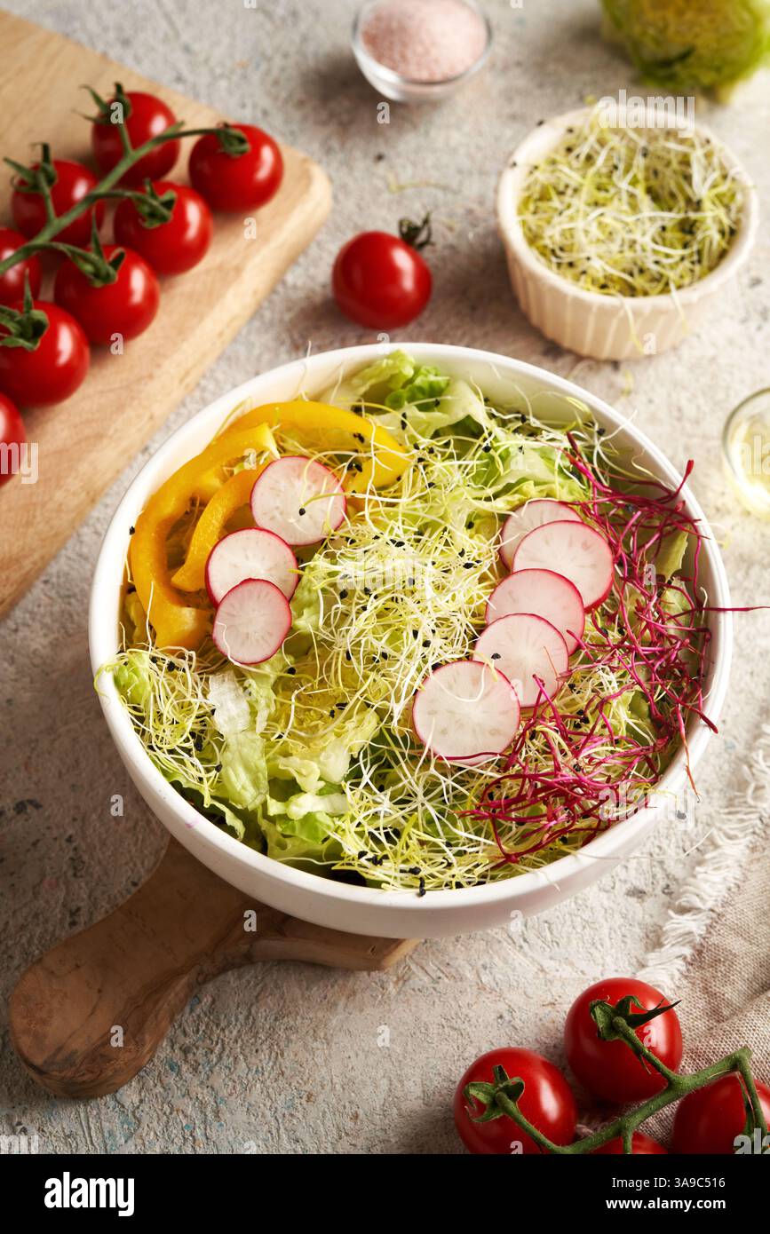 Vegetable salad with fresh beet and leek sprouts Stock Photo - Alamy