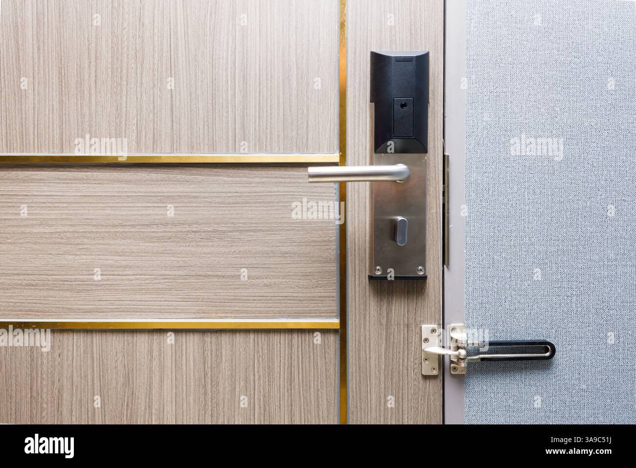 closeup hotel door locking system for privacy safety room double lock ...