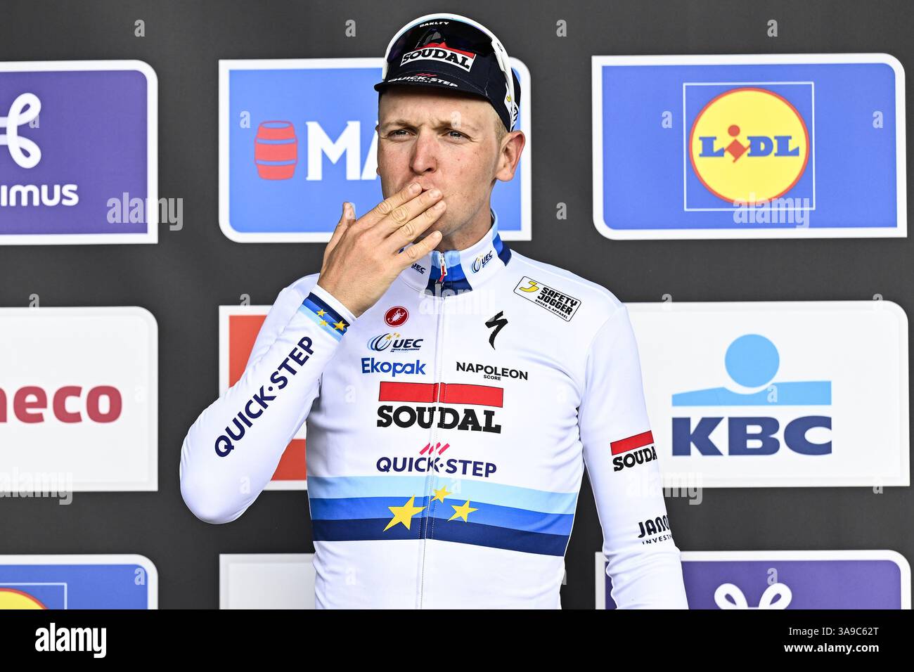Belgian Tim Merlier of Soudal Quick-Step pictured on the podium after ...