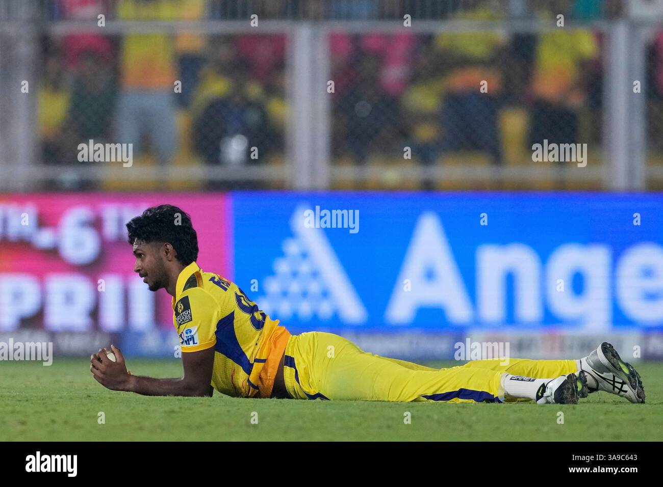 Chennai Super Kings' Matheesha Pathirana, reacts after taking the catch ...