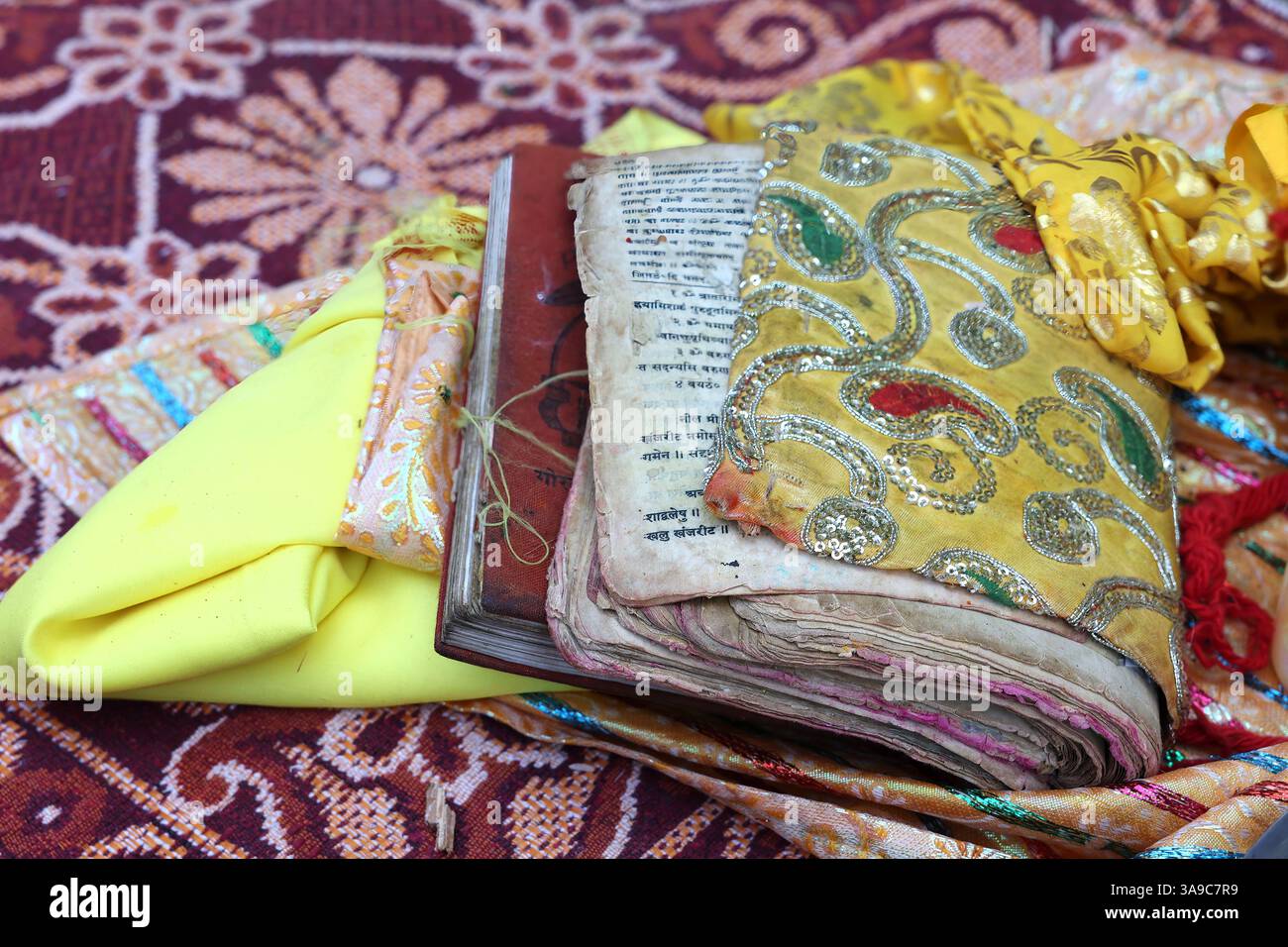 An old religious Indian book in Hindu temple. Hindi language. India ...