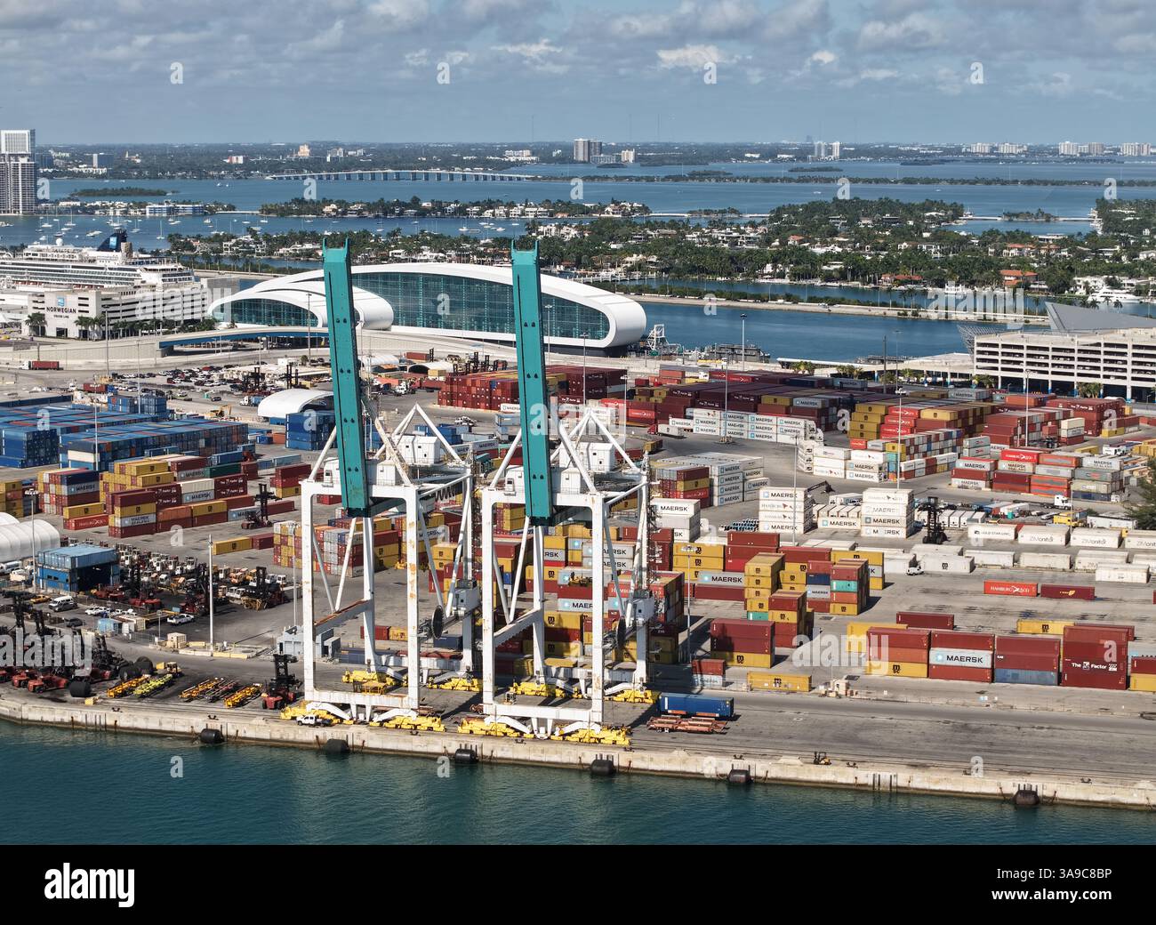 Miami, Florida - February 04, 2025: Aerial Miami port with cargo ...