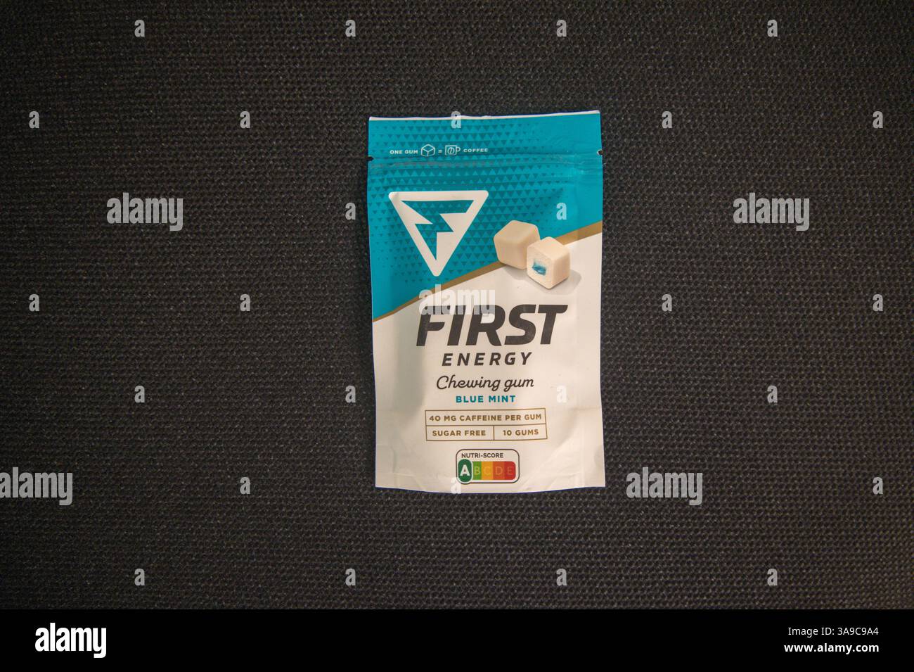 Package of First Energy chewing gum with caffeine, Blue Mint ...