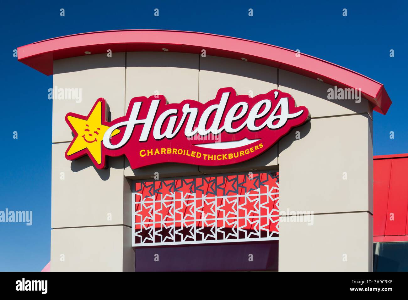 BALDWIN, WI, USA, MARCH 1, 2025: Hardee's restaurant exterior and ...