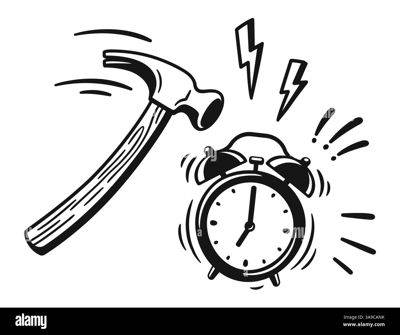 Hammer hitting ringing alarm clock, hand drawn black and white comic ...