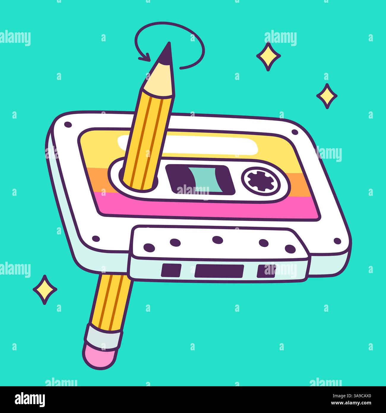 Cartoon retro cassette tape drawing in bright 80s style. Rewinding ...