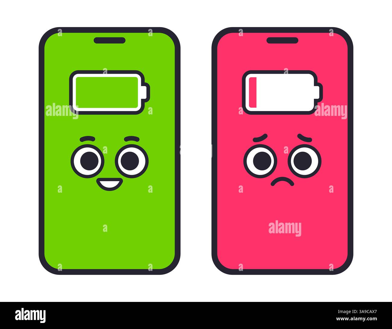 Two smartphones with cute cartoon faces. Sad phone with low battery and ...
