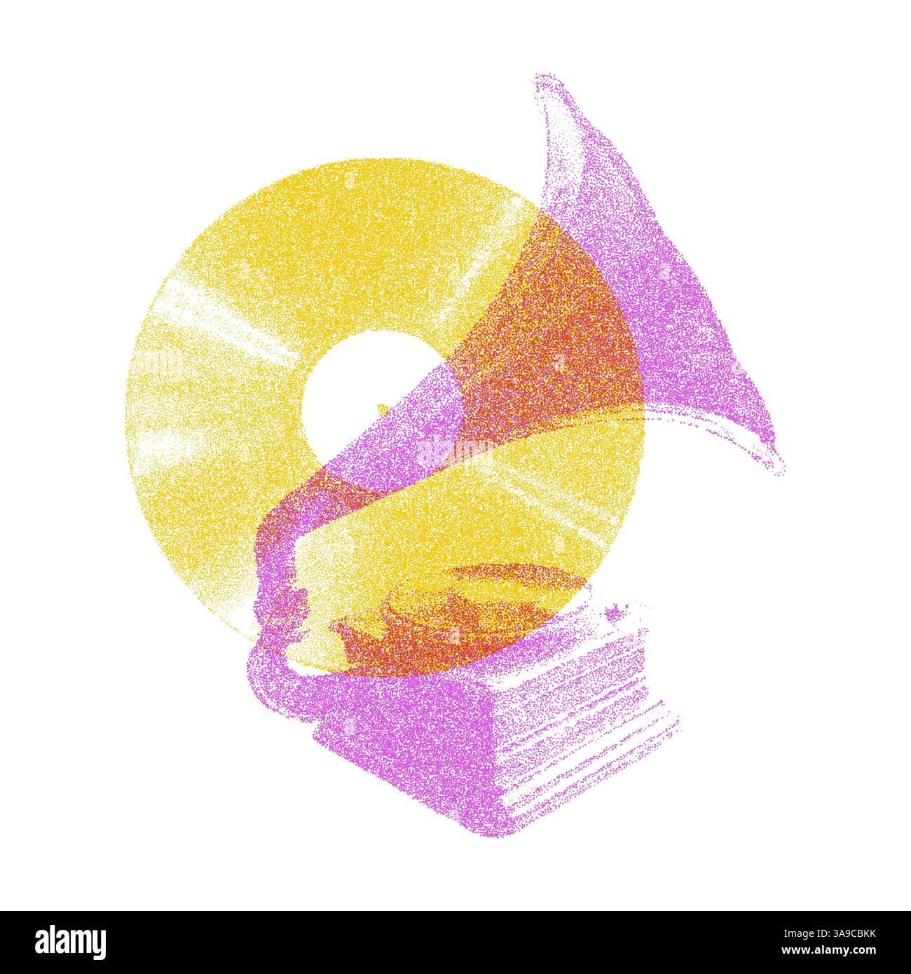 Risograph Print with Photocopy Effect Featuring a Vintage Gramophone ...