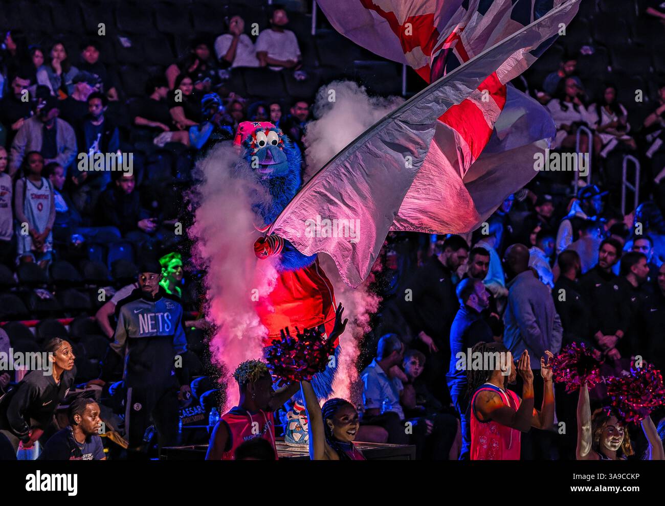 A mascot at a basketball game raises the team banner Stock Photo - Alamy