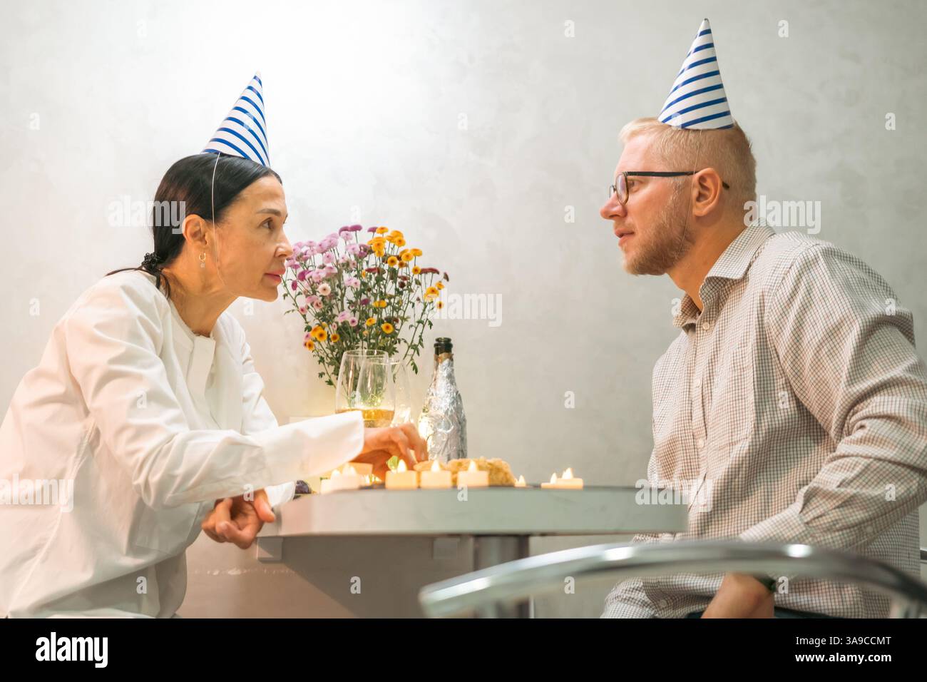Couple Birthday Party Celebration Indoors: Man woman celebrate birthday ...