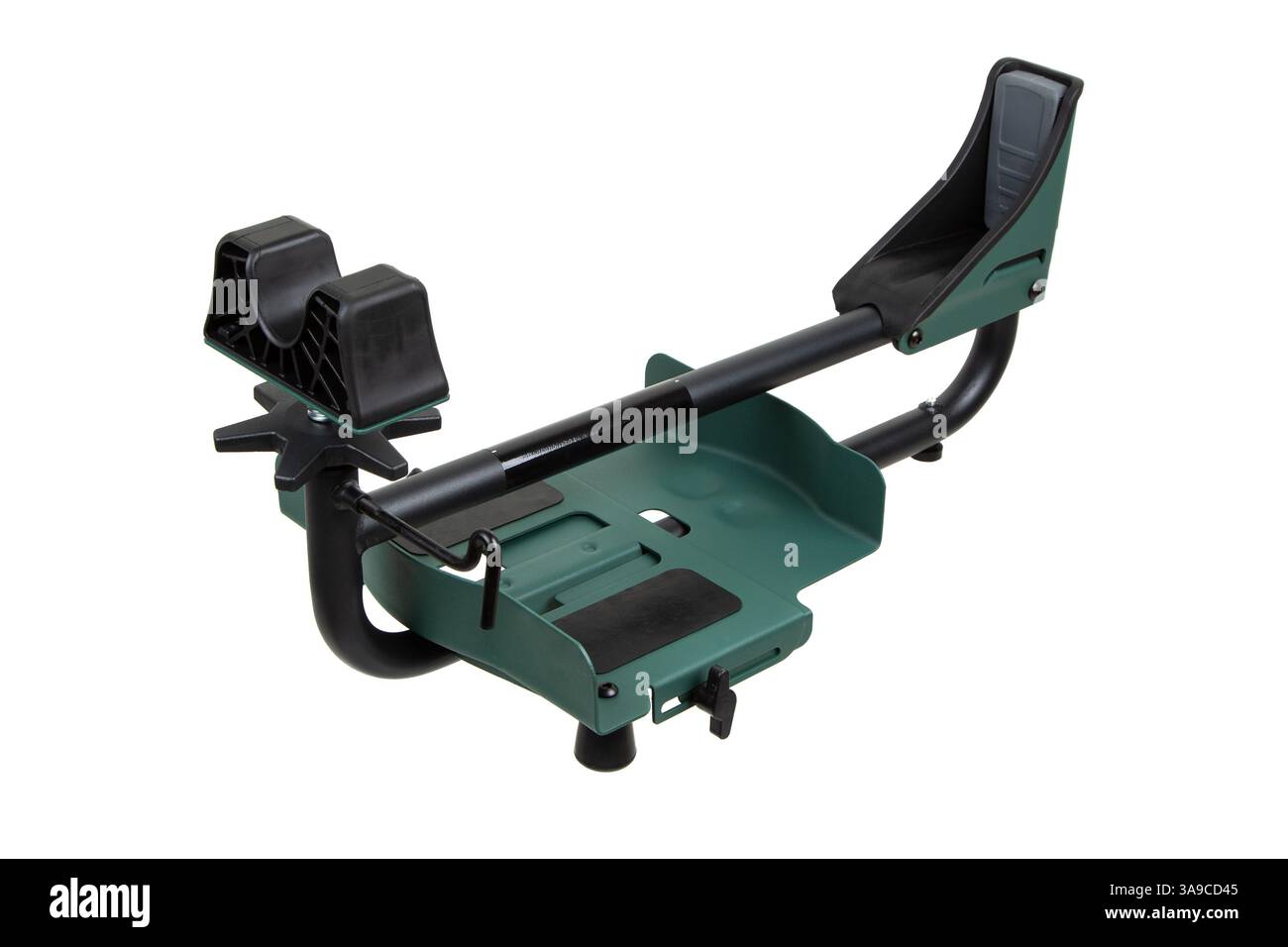 A green and black shooting rest designed for stabilizing firearms ...