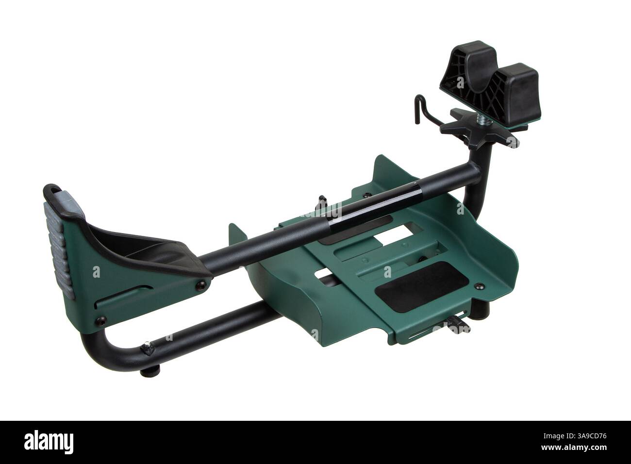 A green and black shooting rest designed for stabilizing firearms ...