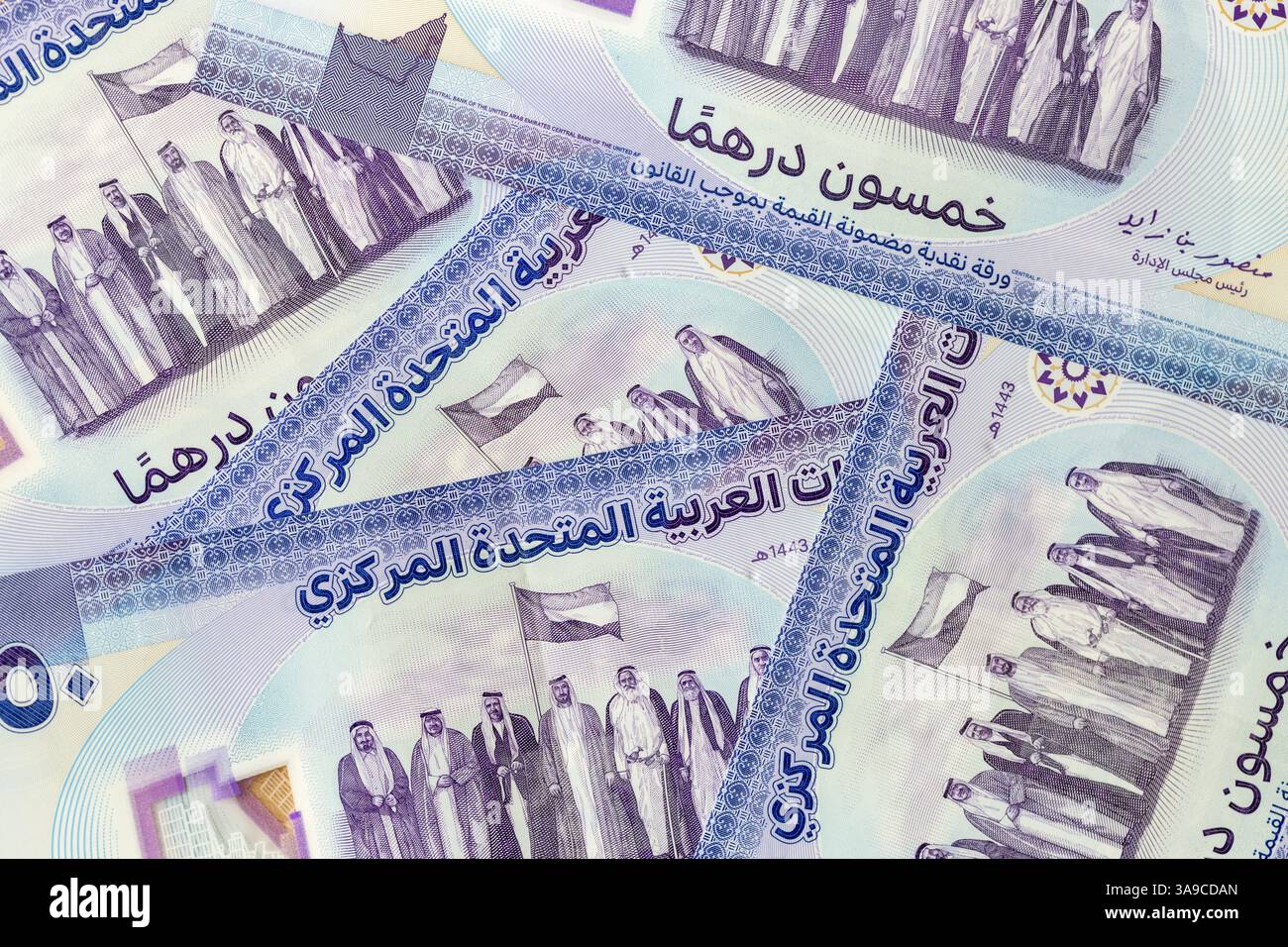 UAE money. Financial background. Arab Emirates 50 dirham notes ...