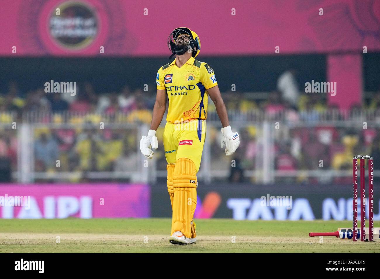 Chennai Super Kings' captain Ruturaj Gaikwad winces after a ball hits ...