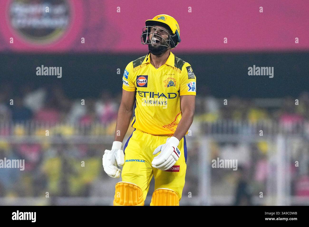 Chennai Super Kings' captain Ruturaj Gaikwad winces after a ball hits ...