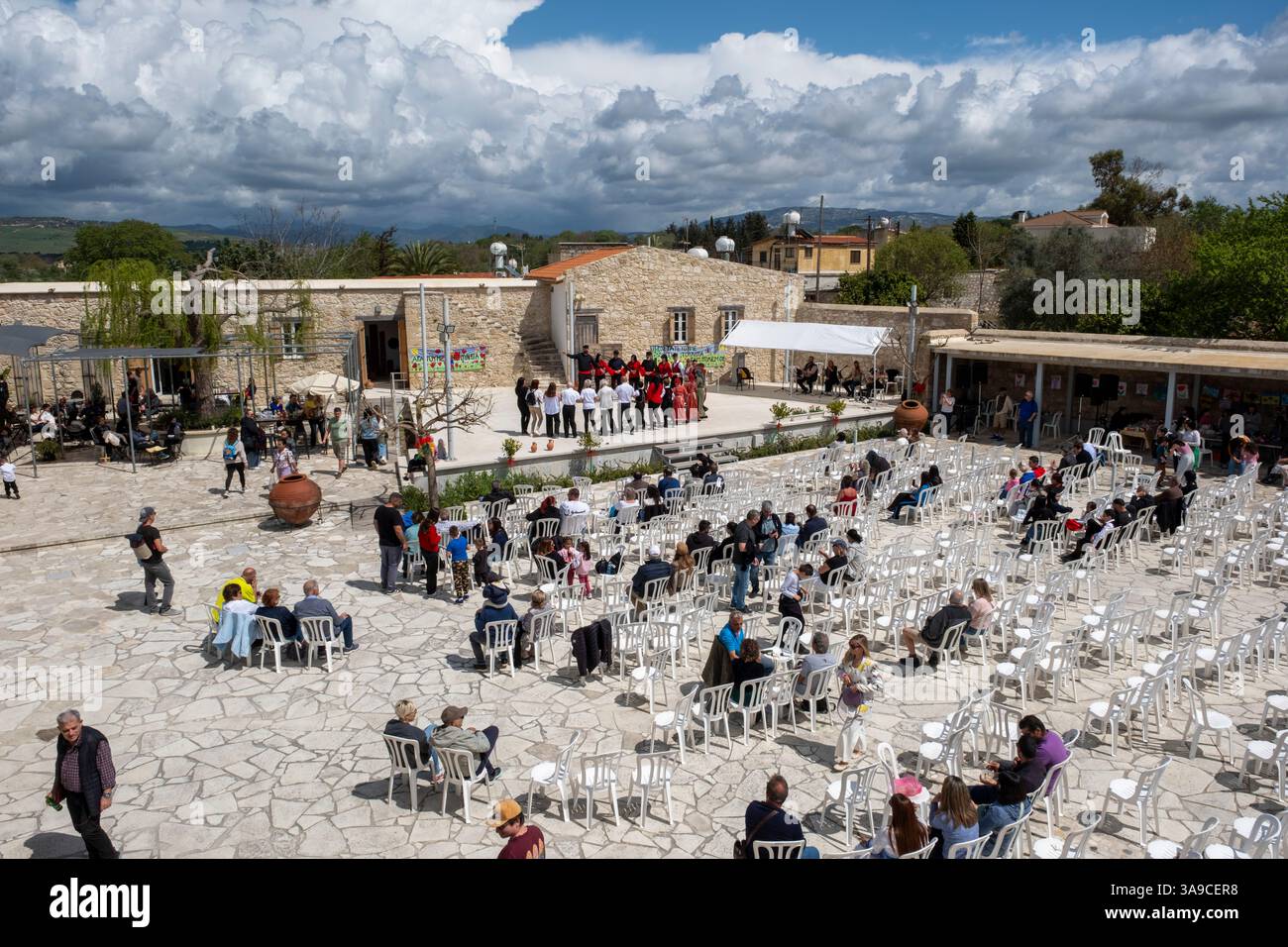 Folk dancers in traditional dress performing at the Polemi Tulip ...