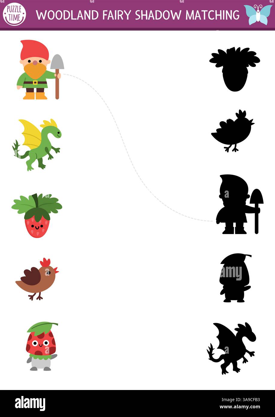Woodland fairy shadow matching activity with fantasy creatures. Magic ...