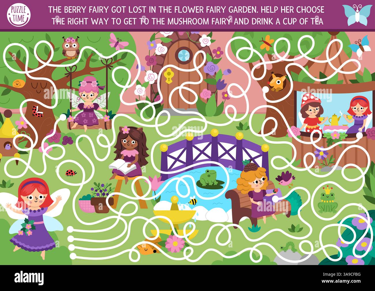 Fun maze for kids with woodland fairies, magic garden landscape ...