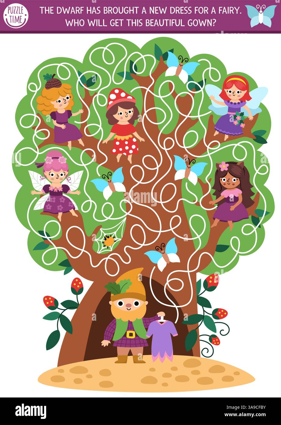 Fun maze for kids with woodland fairies, cute dress, labyrinth shaped ...