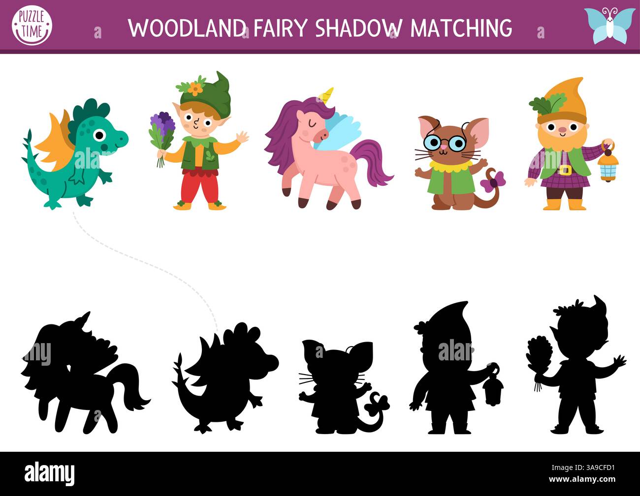 Woodland fairy shadow matching activity with fantasy creatures. Magic ...