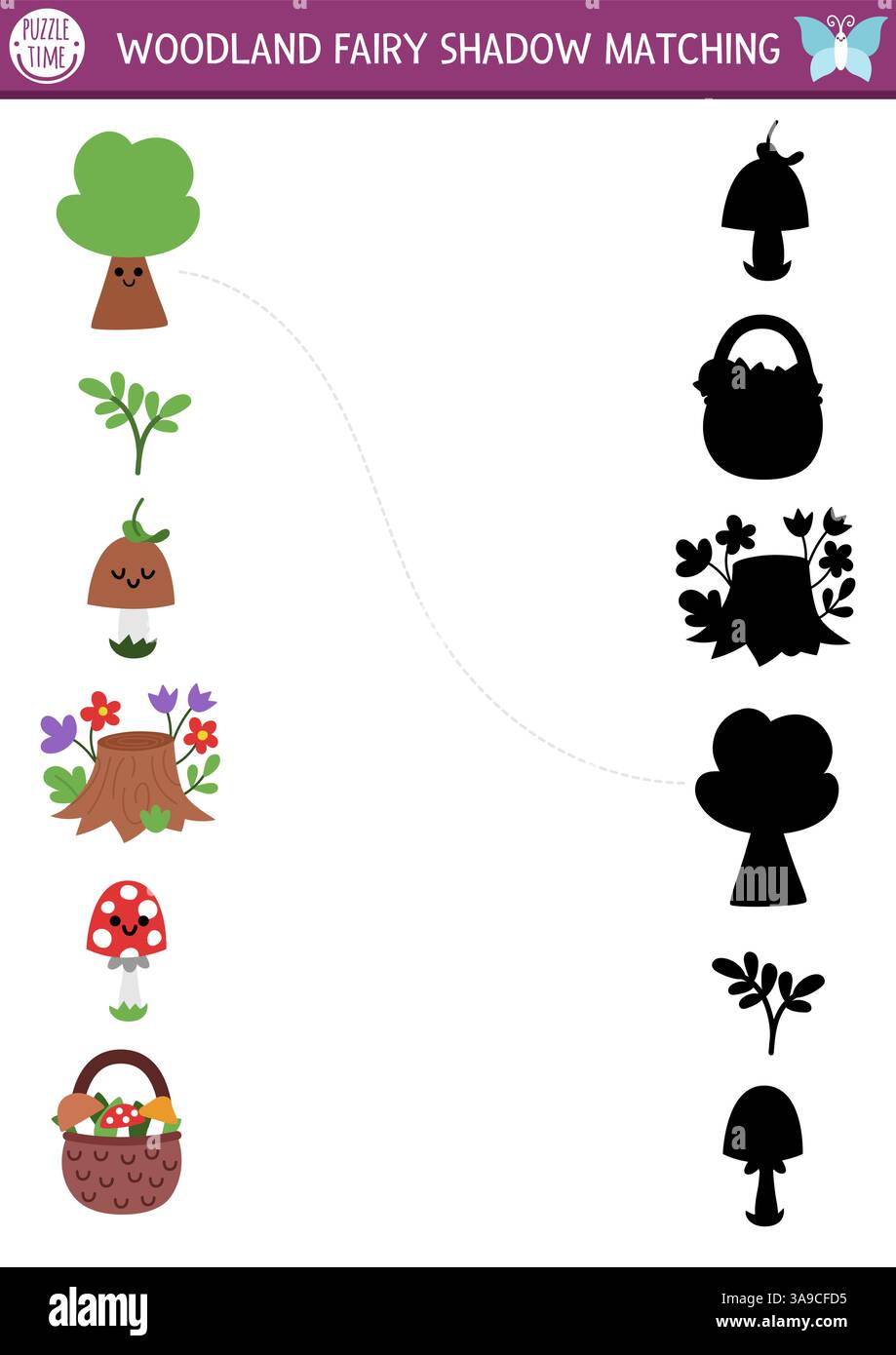 Woodland fairy shadow matching activity with fantasy objects. Magic ...