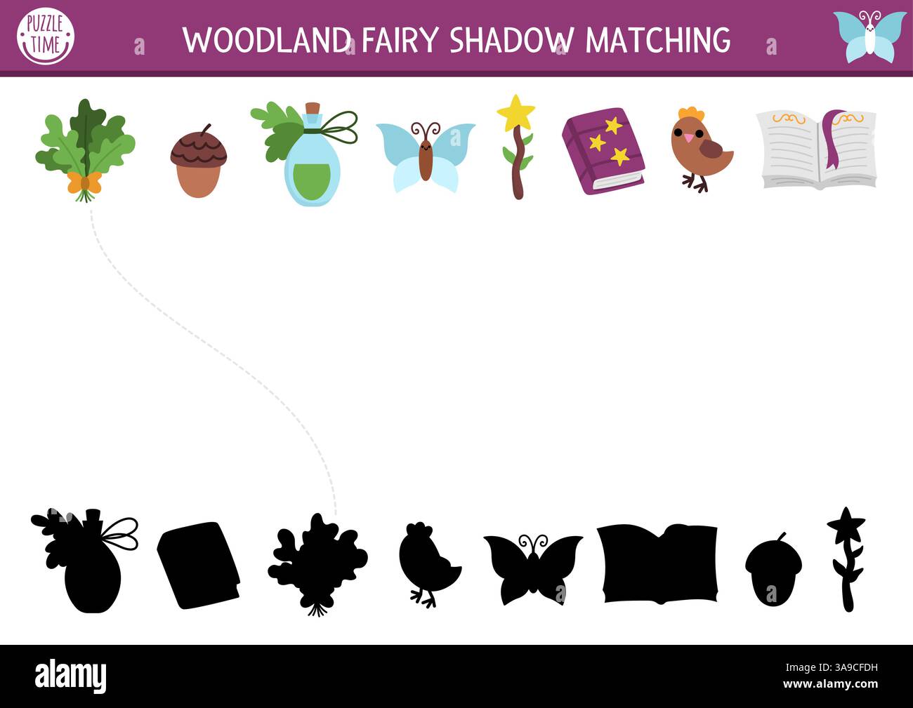 Woodland fairy shadow matching activity with fantasy objects. Magic ...