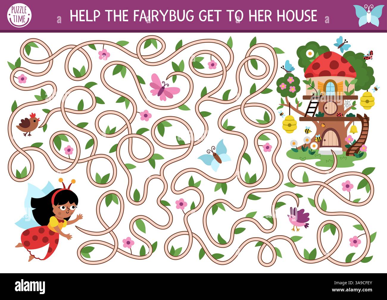 Fun maze for kids with fairy bug going to her house by tree branches ...