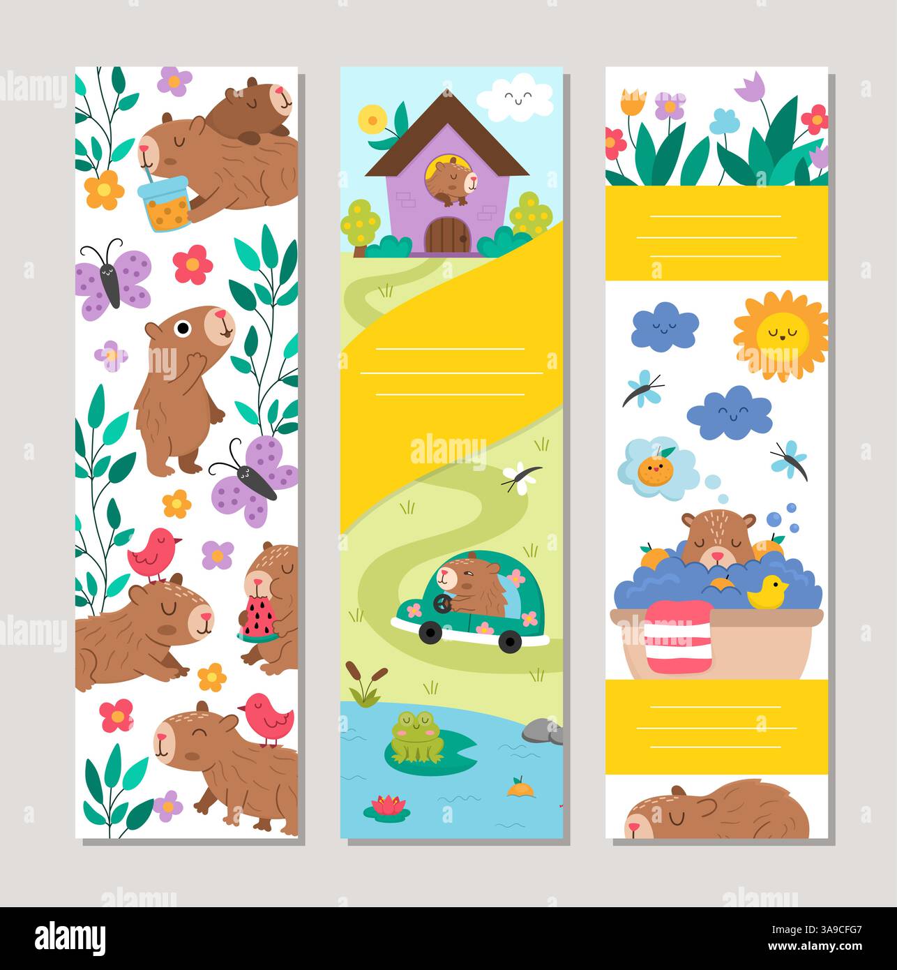 Cute capybara bookmarks set with funny relaxing animal. Vector cartoon ...